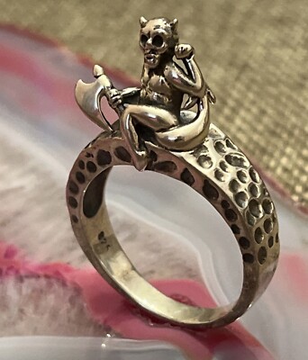 Vintage Sterling Silver Horned Devil Demon Lucifer Goblin Axe Ring Size ...