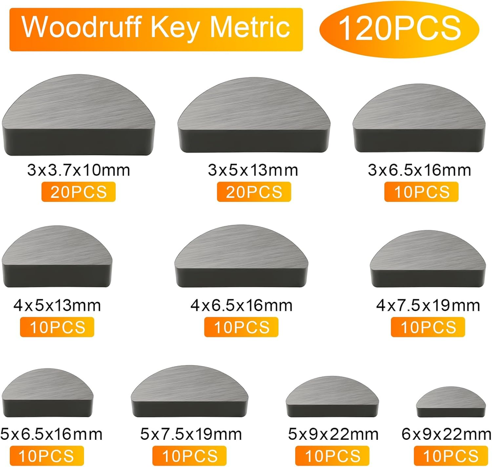 120Pcs Woodruff Key Assortment Kit, 10 Popular Sizes of Half Moon Keys ...