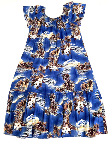 THE HAWAIIAN ORIGINAL BLUE RAYON FLORAL FURBELOW LONG DRESS L | eBay