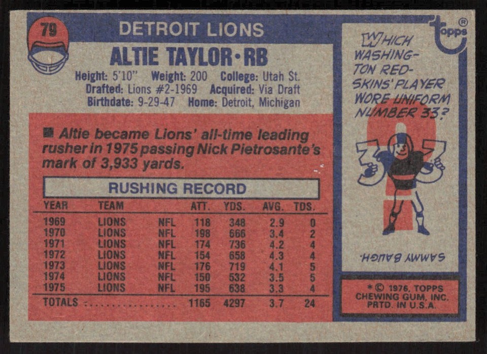 1976 Topps #79 Altie Taylor Detroit Lions | eBay