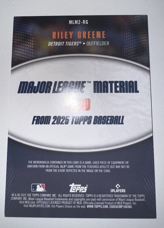 2025 Topps Series 2 Riley Greene Major League Material Game Used Relic #MLM2-RG | eBay