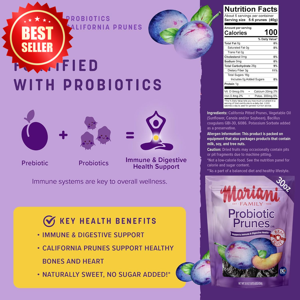 Mariani Probiotic Prunes Pitted Unsweetened No Sugar Added Dried Fruit ...