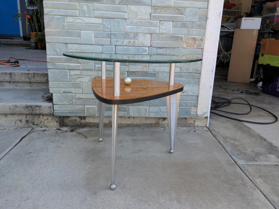 Vintage 90s triangle MCM round Chrome Wood & Glass top shelf End Side ...