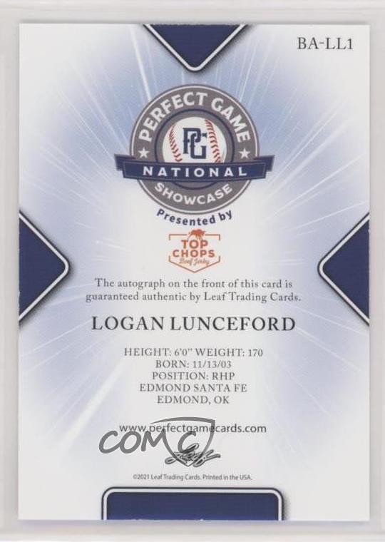 2021 Leaf Perfect Game National Showcase Blue /15 Logan Lunceford #BA ...