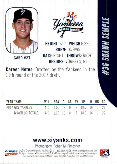 2018 Staten Island Yankees Choice #27 Shawn Semple Vorhees New Jersey ...