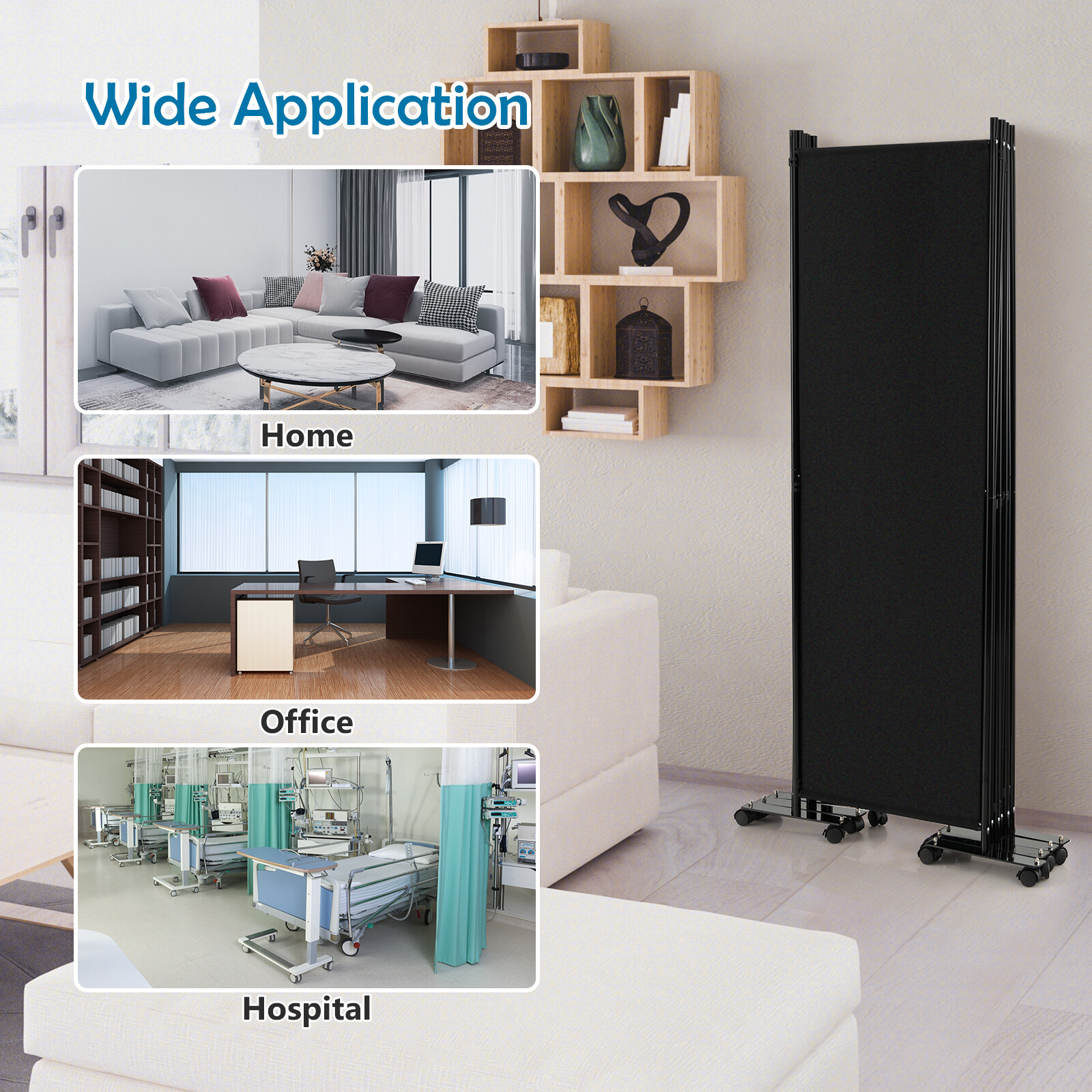 6-Panel Folding Room Divider 6FT Rolling Privacy Screen w/ Lockable ...