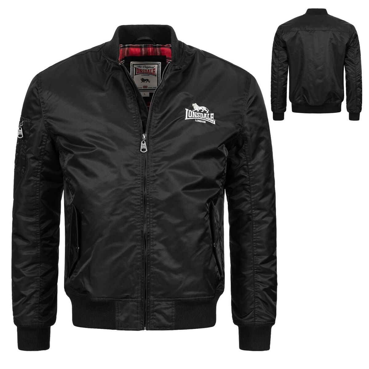Lonsdale Flight Bomber MA1 Jacket Black + Tartan Slim-Fit Lonsdale Flight Bomber MA1 Jacket Black + Tartan Slim-Fit