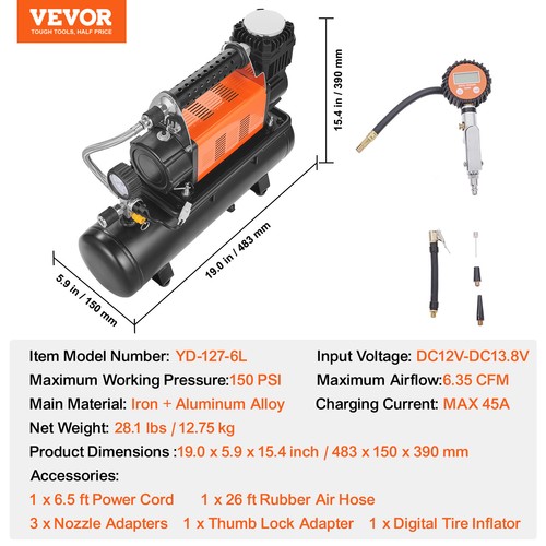 VEVOR Heavy Duty Air Compressor & 6L Tank 6.35CFM Portable Tire ...