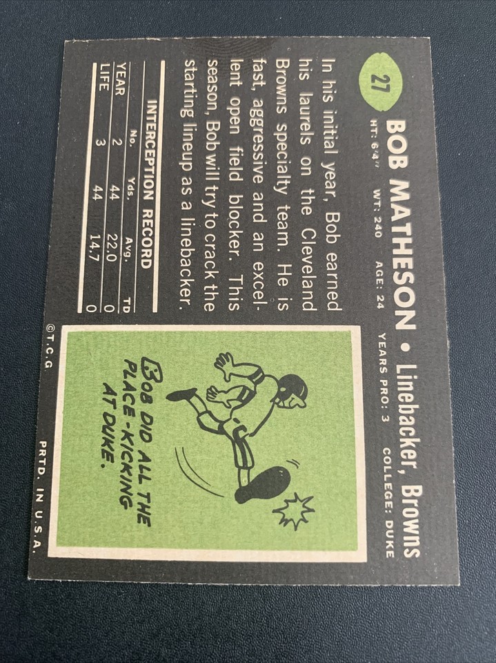 1969 TOPPS FOOTBALL CARD 27 BOB MATHESON CLEVELAND BROWNS | eBay