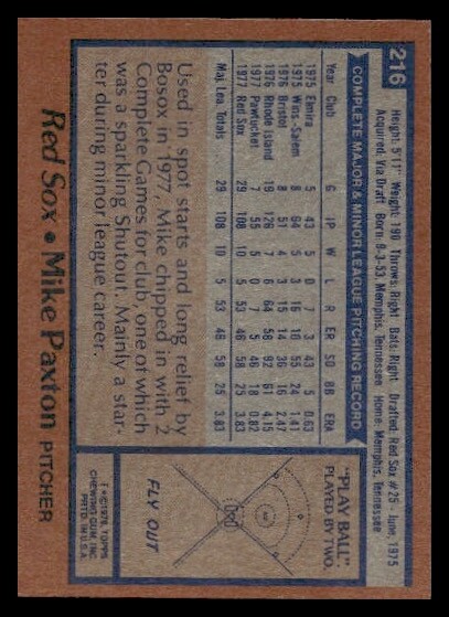 1978 Topps #216 Mike Paxton Boston Red Sox Baseball card | eBay