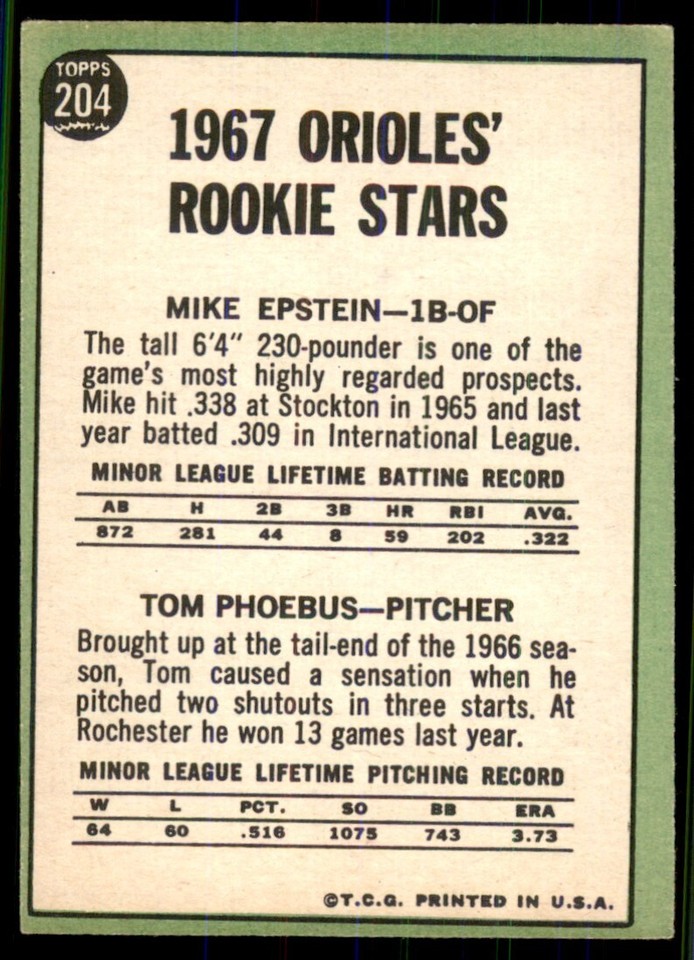 1967 Topps #204 Mike Epstein Tom Phoebus Rookie Baltimore Orioles | eBay
