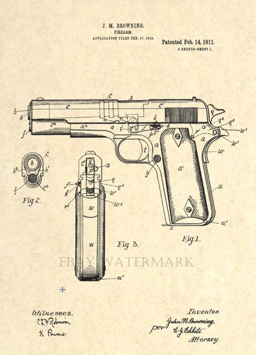Colt 1911 Official US Patent Art Print - Firearm Browning Gun 45 cal ...