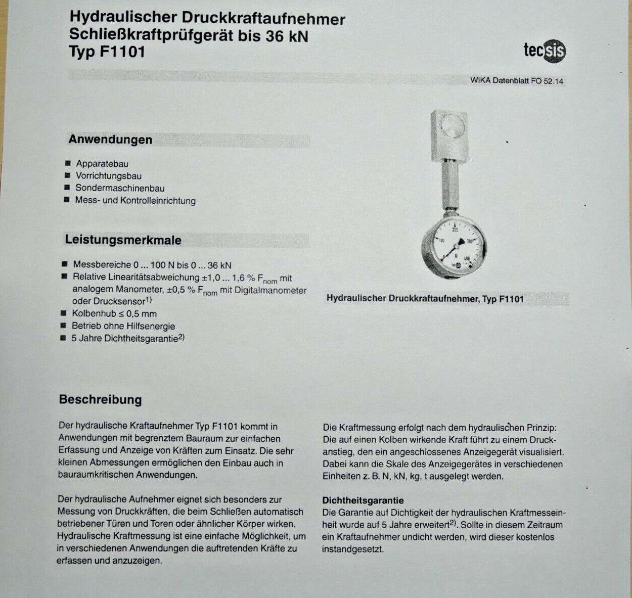 Tecsis WIKA Kraftmessdose Hydraulische Kraftmessung
