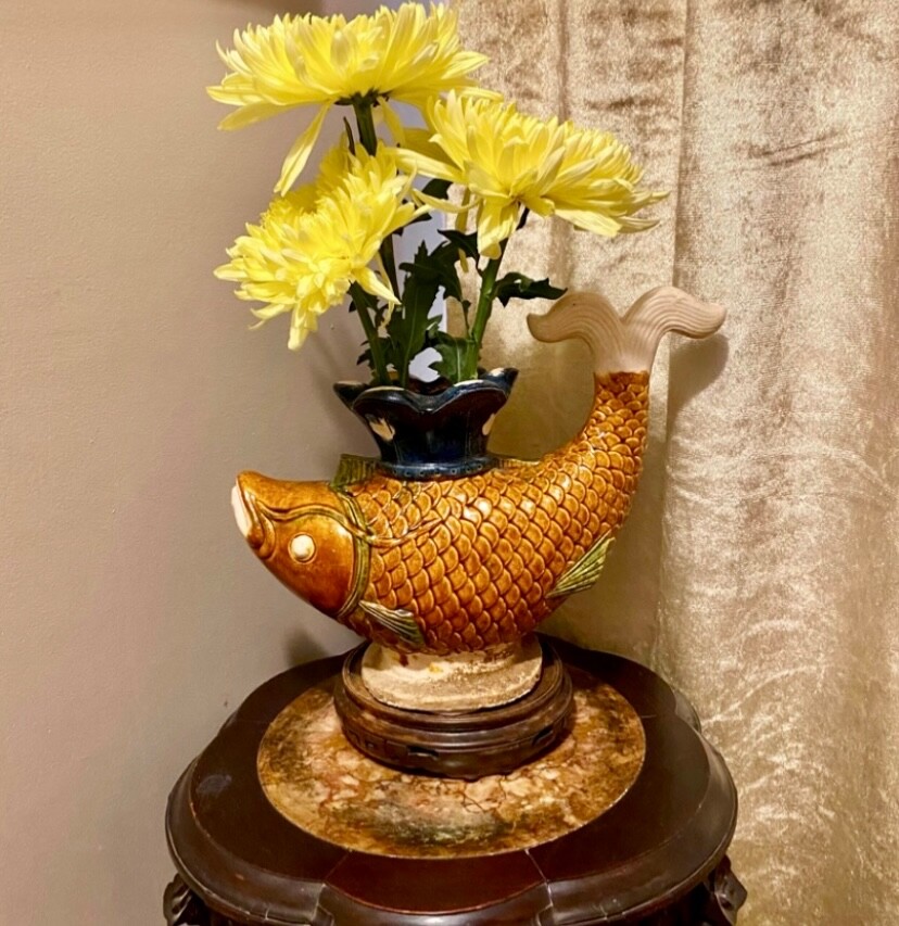 Chinese Sancai Pottery Fish Vase on wooden base | eBay