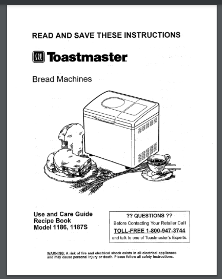 Toastmaster 1187S Bread Maker Machine User And Care Manual (Only!) 64 ...