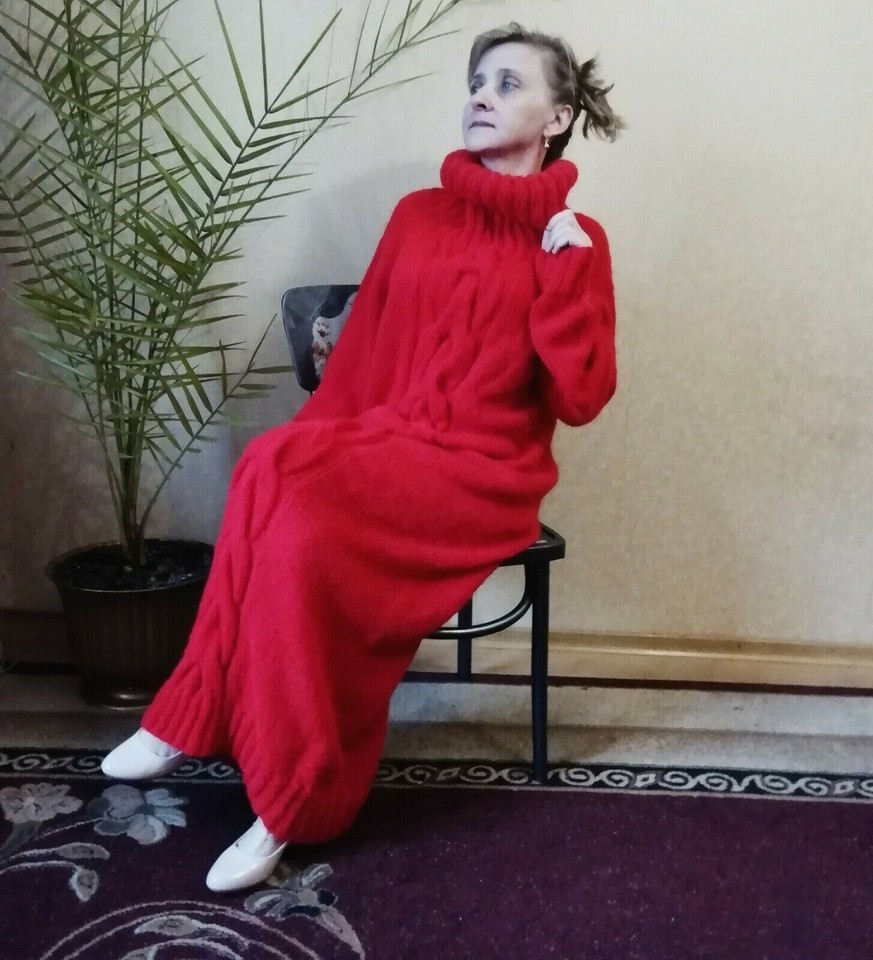 Women Mohair Dress Floor-Length Long Tunic Sweater Turtleneck Knitting ...