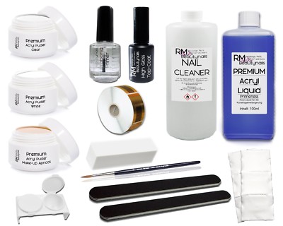 XL Acryl Starter Set 3x 20g Puder Klar Weiß Apricot 100ml Liquid Primer ...