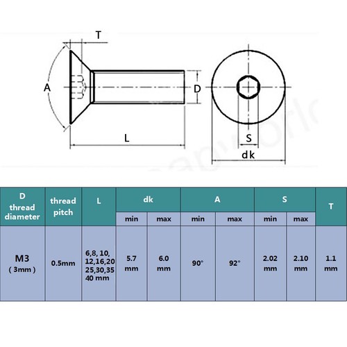 25/100pcs Black Steel Metric M3 Flat Countersunk Head Hex Socket Screw ...