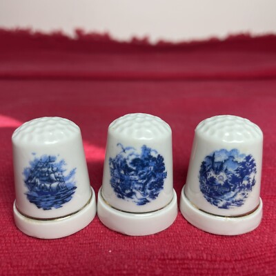 3 Vintage Porcelain Thimbles Blue and White Gold Trim Collectibles ...