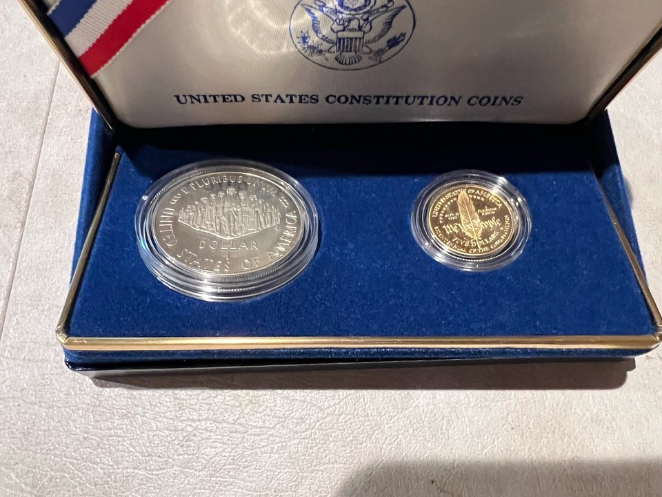 1987 US Mint Constitution Coins Proof Set Silver Dollar & Gold Five ...