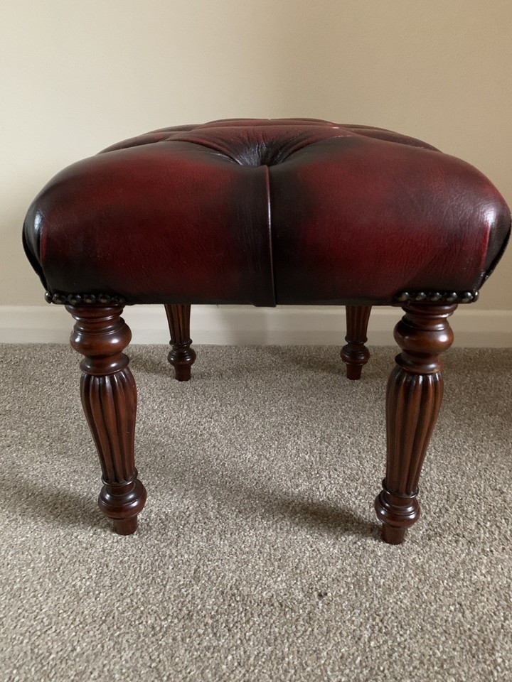 Red Leather / Button Top Foot Stool with Wooden Legs | eBay UK