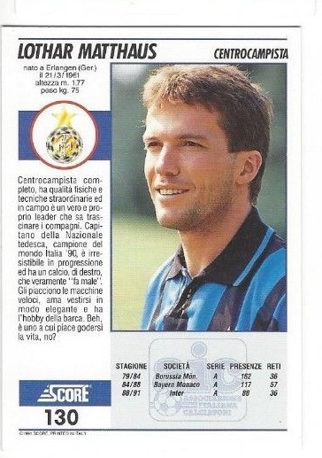 ALL STAR LOTHAR MATTHAUS Rare '91 SCORE CARD with INTER MILAN | eBay