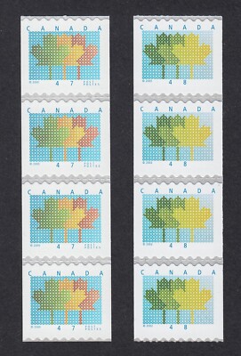 STYLIZED MAPLE LEAF = 2 Strips of 4 Coil stamps Canada 2000, 2002 #1878 ...