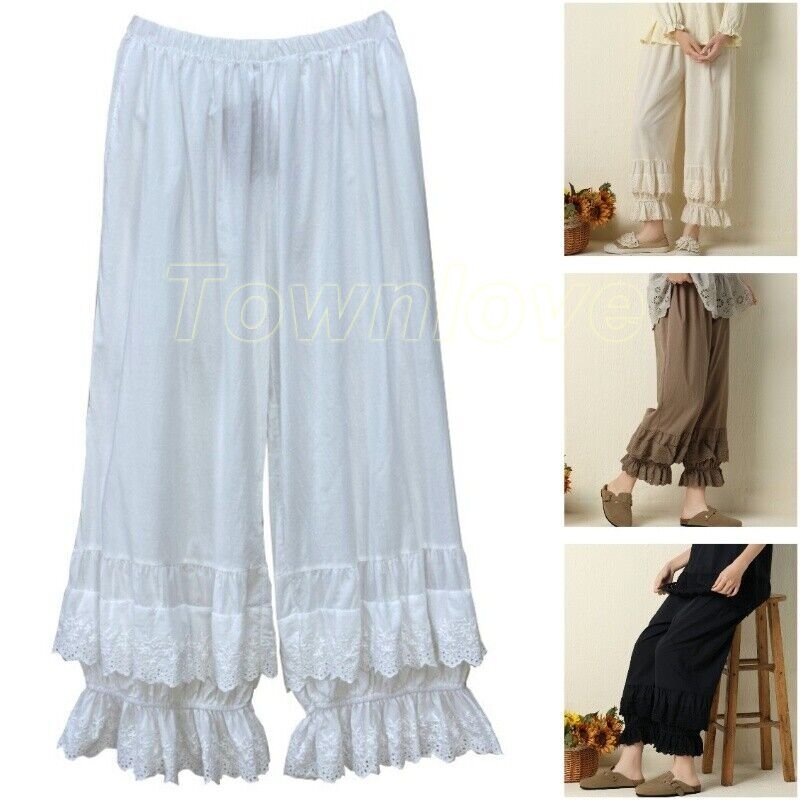 Women Cotton Bloomers Pants Casual Trousers Layered Lace Trim Loose ...