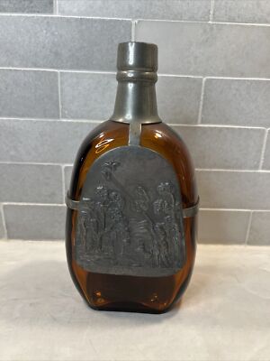 Vintage Queens Art Pewter Amber Glass Bottle Decanter Hunting Scene | eBay