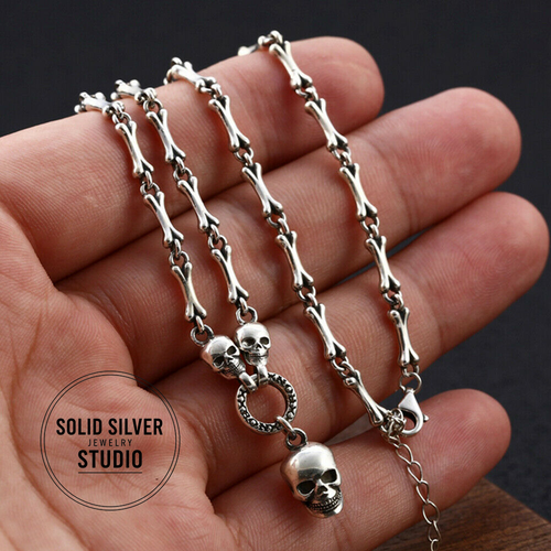 Men’s 925 Sterling Silver Skull & Bone Link Necklace Gothic Punk Biker ...