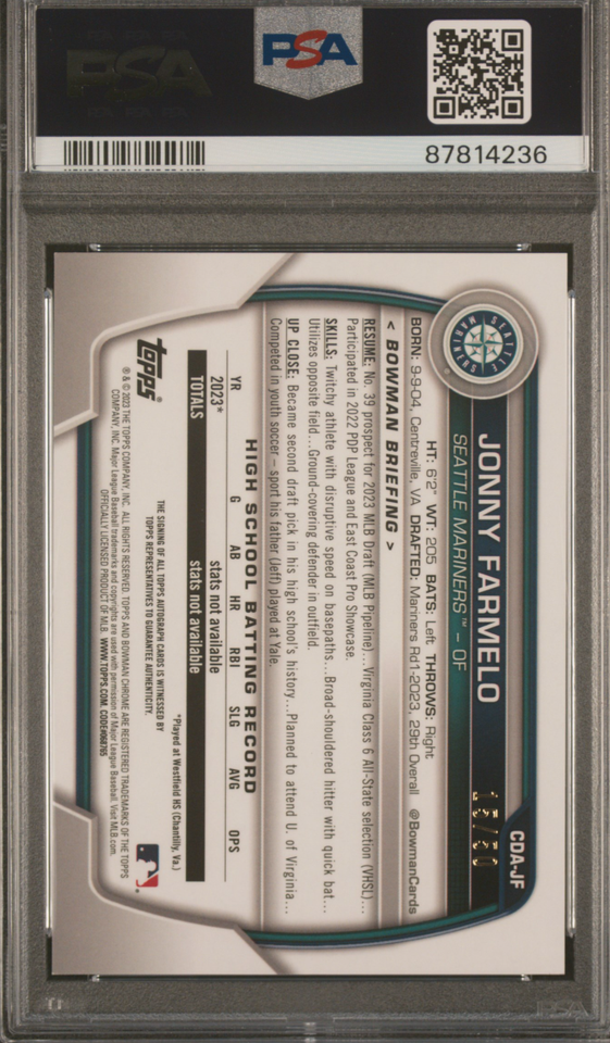 2023 Bowman Draft Chrome Prospects JONNY FARMELO Auto-Gold Shimmer 15/ ...