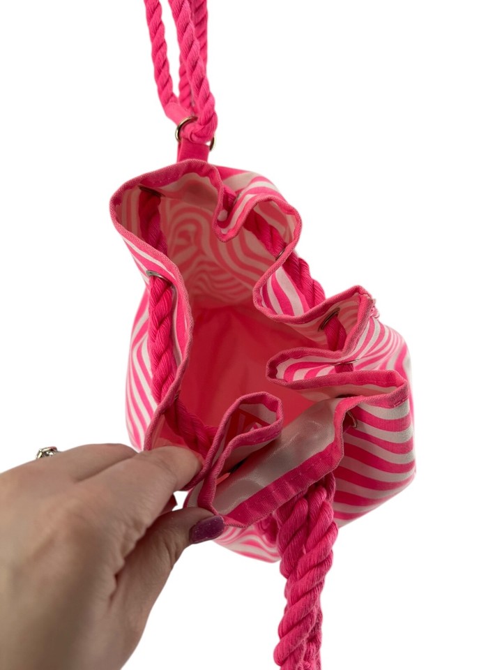 Victoria's Secret Neon Pink & Whtie Striped Drawstring Tote Bag | eBay UK