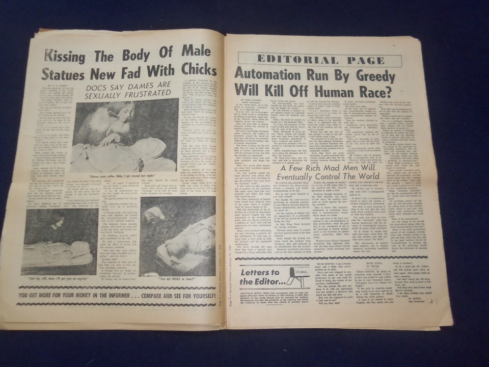 1965 JAN 17 NATIONAL INFORMER NEWSPAPER - KISSING MALE STATUES NEW FAD ...