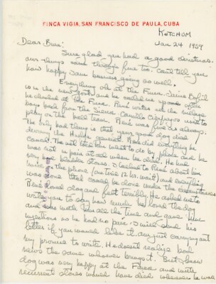 Ernest Hemingway Autograph Letter Signed (2 pages) January 24, 1959 ...