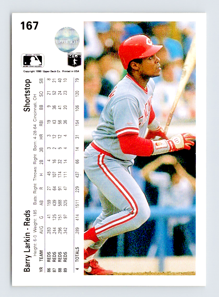1990 Upper Deck Card, #167 Barry Larkin Hall of Fame, Cincinnati Reds ...