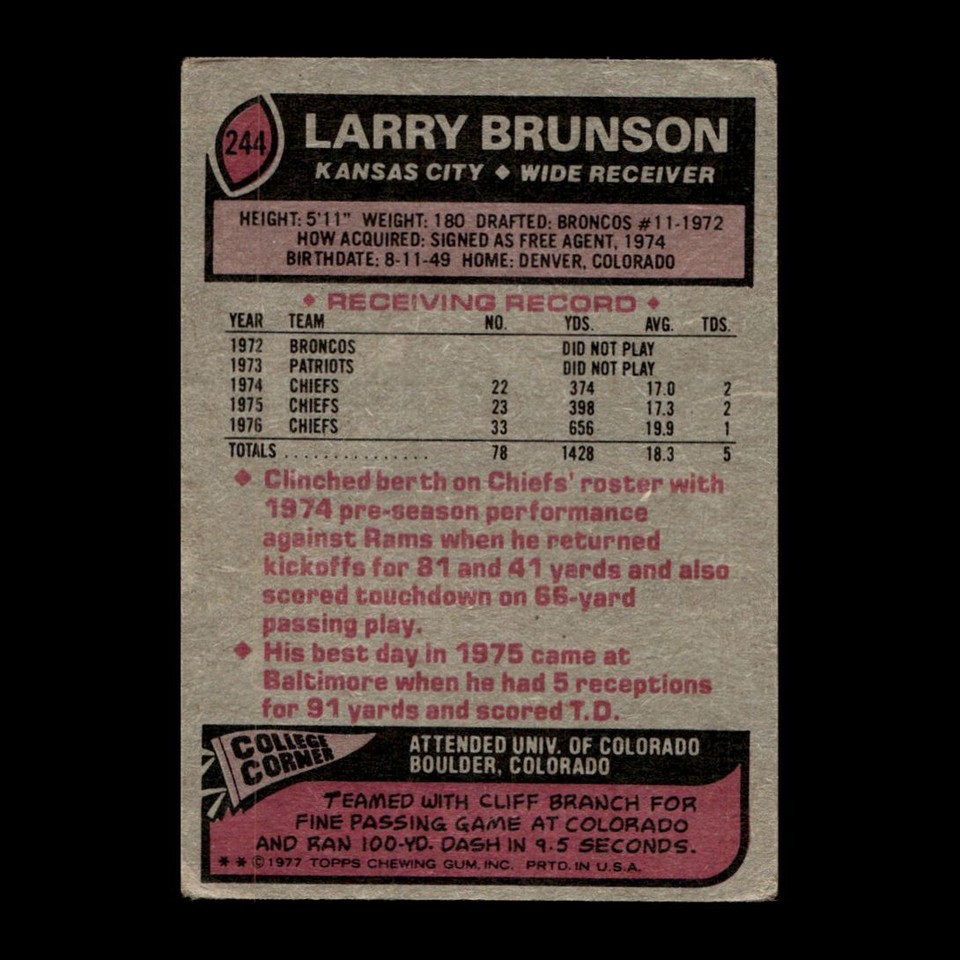 Larry Brunson 1977 Topps Rookie Kansas City Chiefs #244 R324D 55 | eBay