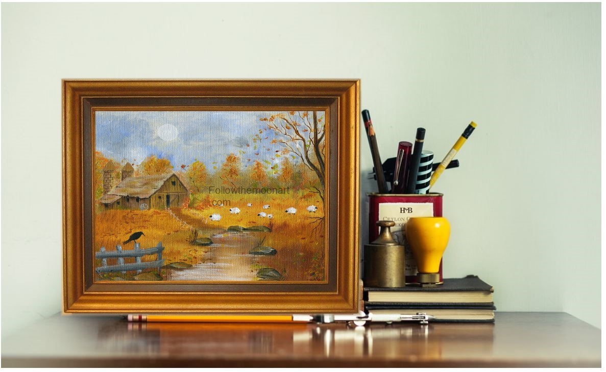 Country Seasons Sheep Barn Fall Autumn Stream Black Crow Primitive Art ...