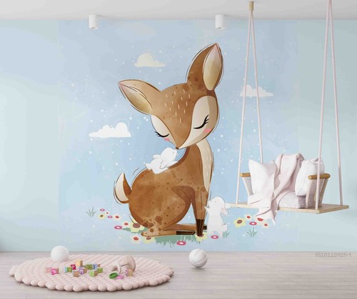 3D Cartoon Deer Rabbit Wallpaper Wall Mural Removable Self-adhesive 53 ...