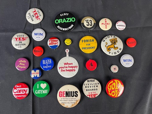 24 PINS & BUTTONS Vintage Mixed Pin Lot Retro Pinback Button Collection ...