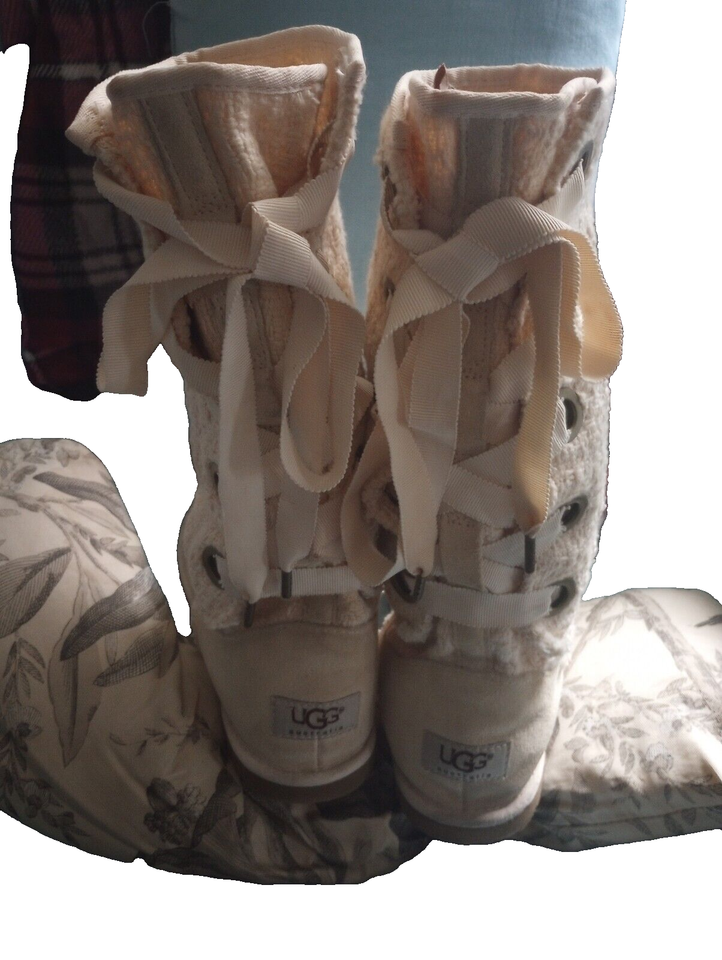 Ugg lace up mid calf tall boots textile/sheepskin sz 8 cream color pre ...