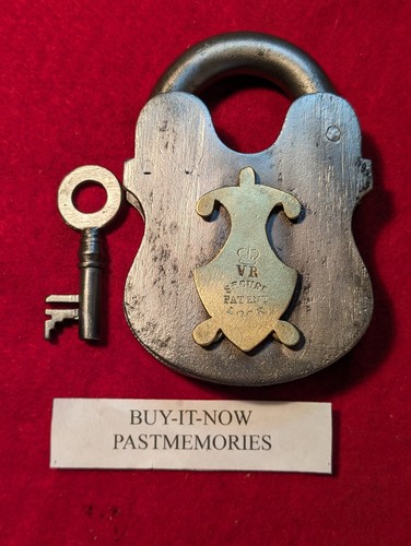 HUGE "VR-VICTORIA REGINA" WROUGHT IRON PADLOCK w/ KEY, OLD VINTAGE ...