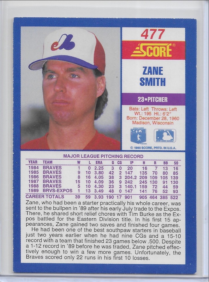 1990 Score Baseball Zane Smith Card # 477 Corrected Version Rare ERA 3. ...