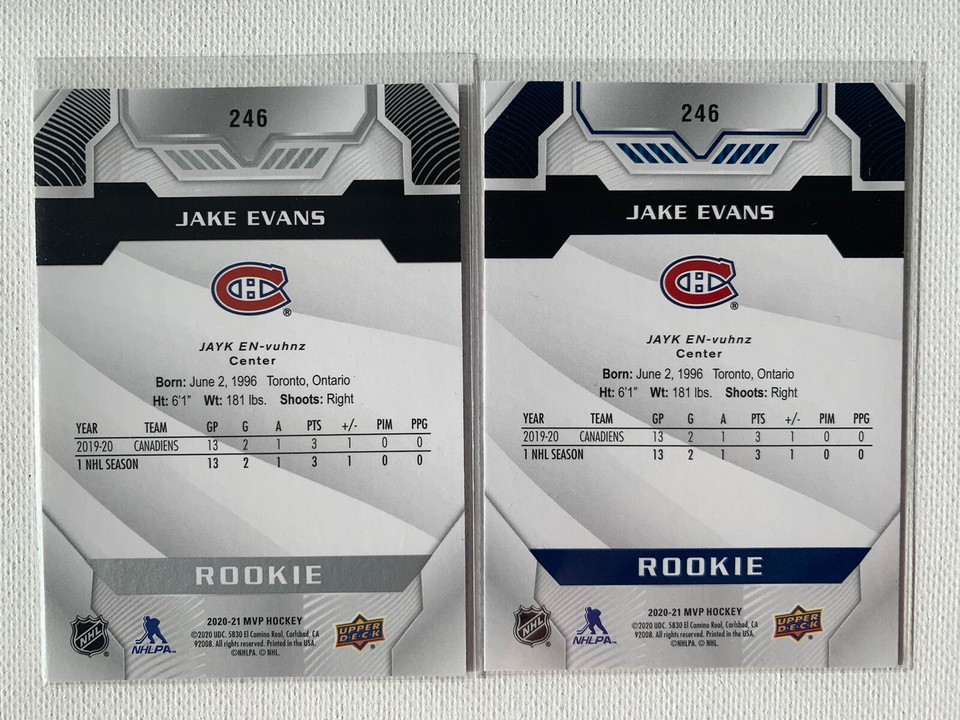 JAKE EVANS 2020-21 Upper Deck MVP #246 Rookies Blue & Silver Signature ...