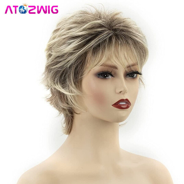 Short Wave Wig with Air Bangs Dark Roots Ombre Blonde Synthetic Hair ...