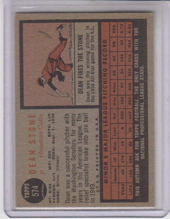 1962 Topps Dean Stone #574 - RARE Hi # - Houston Colts - EXMT | eBay