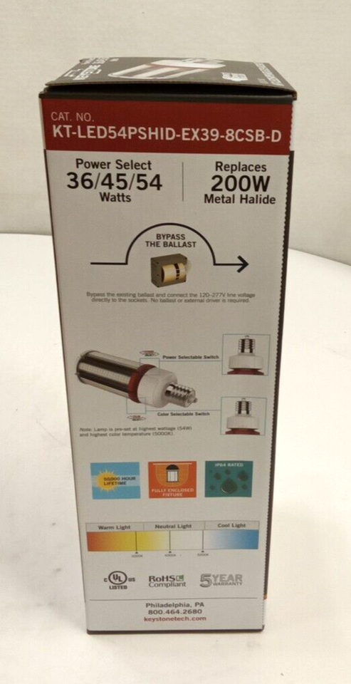 Keystone KT-LED54PSHID-EX39-8CSB-D 36/45/54W HID LED Lamp Color & Power ...