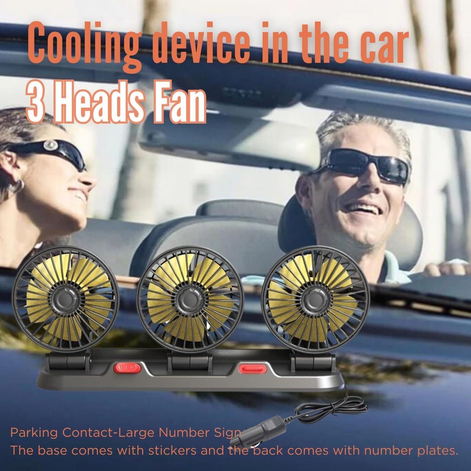 Car Fan Three Head Cooling Fan 360° Rotation 2-Speed Powerful Airflow ...