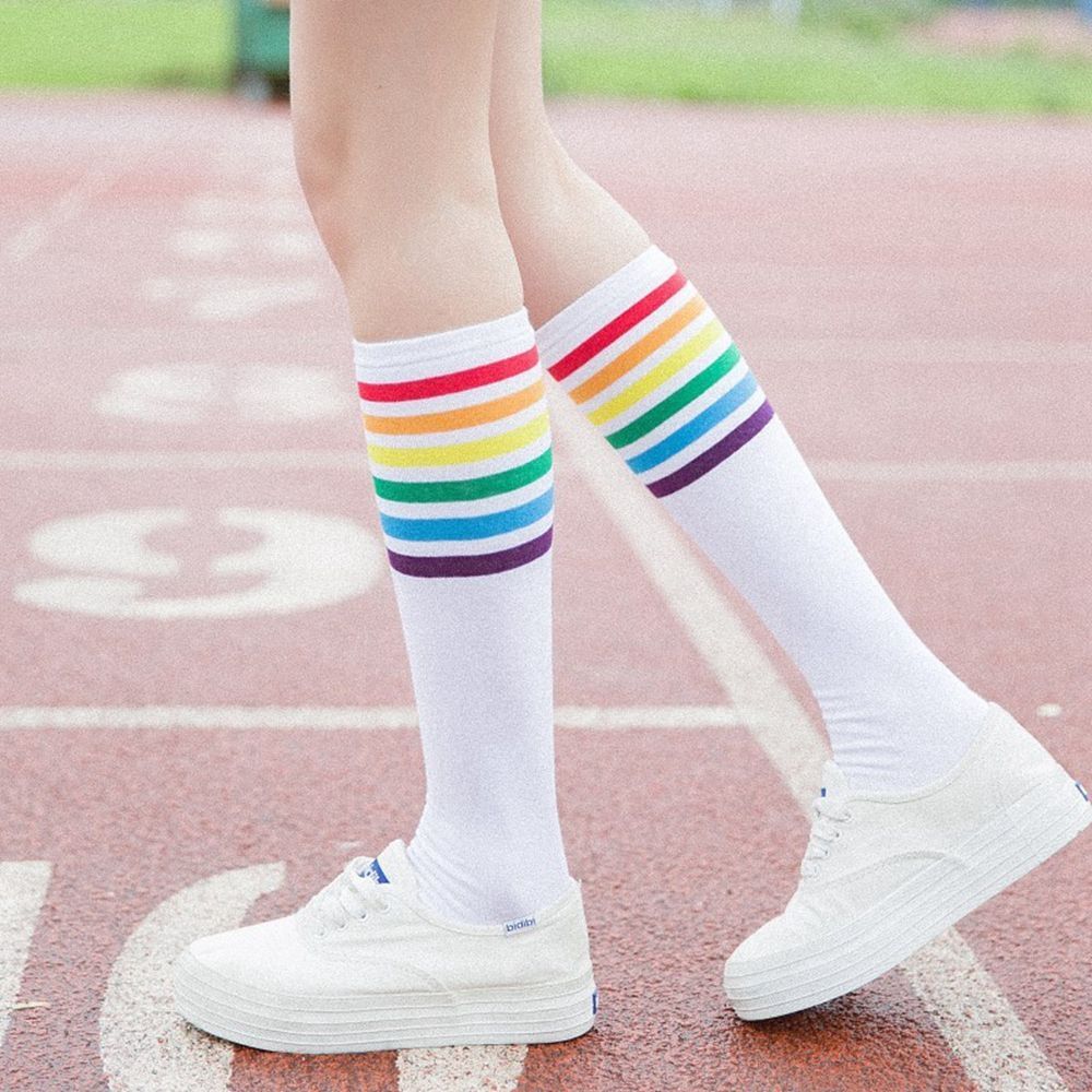 Fashion Thigh High Cotton Rainbow Stripe Long Hosiery Stocking Football ...