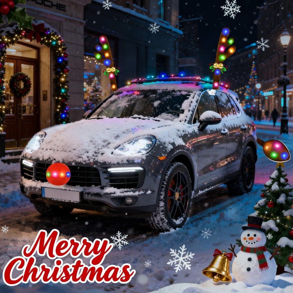 Christmas Car Decorations Reindeer Car Kit Antlers with Lights, Jingle ...