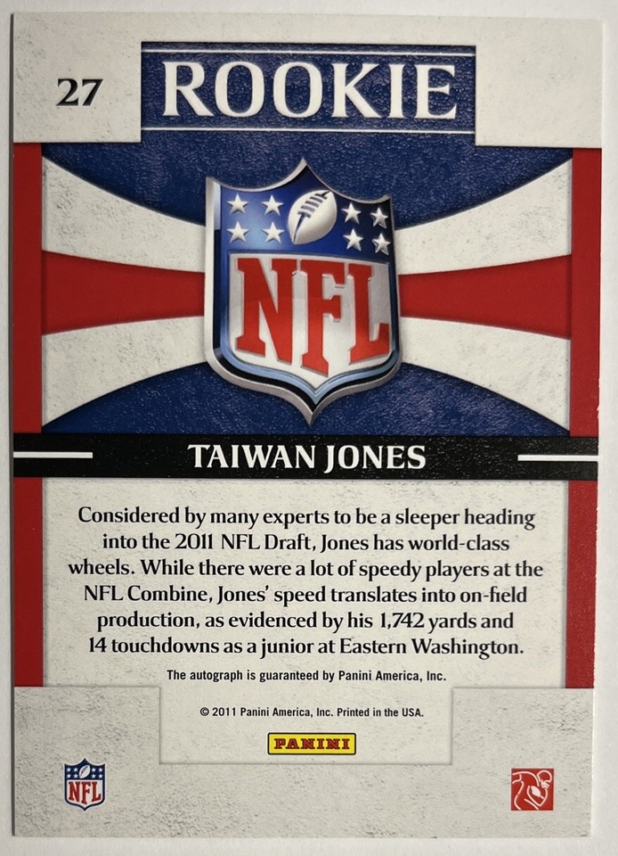 2011 Donruss Elite NFL Shield Logo Signatures Taiwan Jones #27 Rookie ...